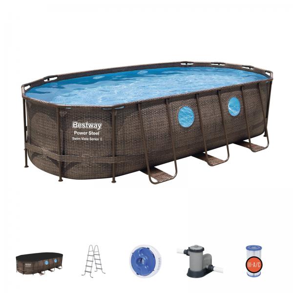 Bestway 5.49m x 2.74m x 1.22m Power Steel Swim Vista Oval Pool Set with 1500gal Cartridge Filter ...